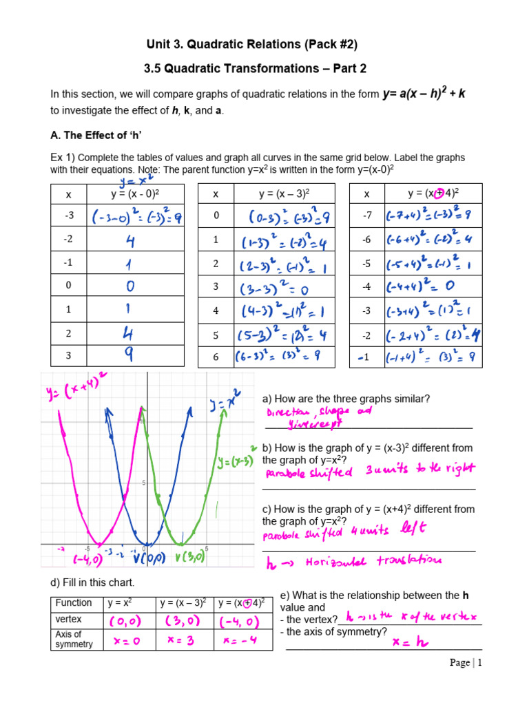 Unit 3 Quadratic Relations Pack 2 Rev.solutions | PDF | Mathematical ...
