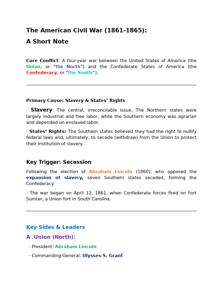 Overview of the American Civil War | PDF | Confederate States Of ...