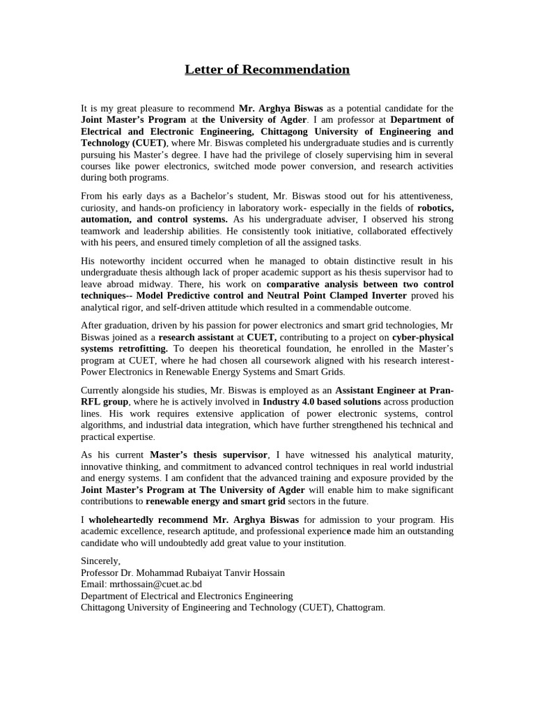 Letter of Recommendation | PDF | Thesis | Smart Grid