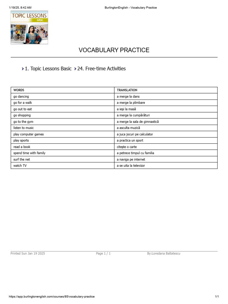 Free-Time Activities Vocabulary Guide | PDF