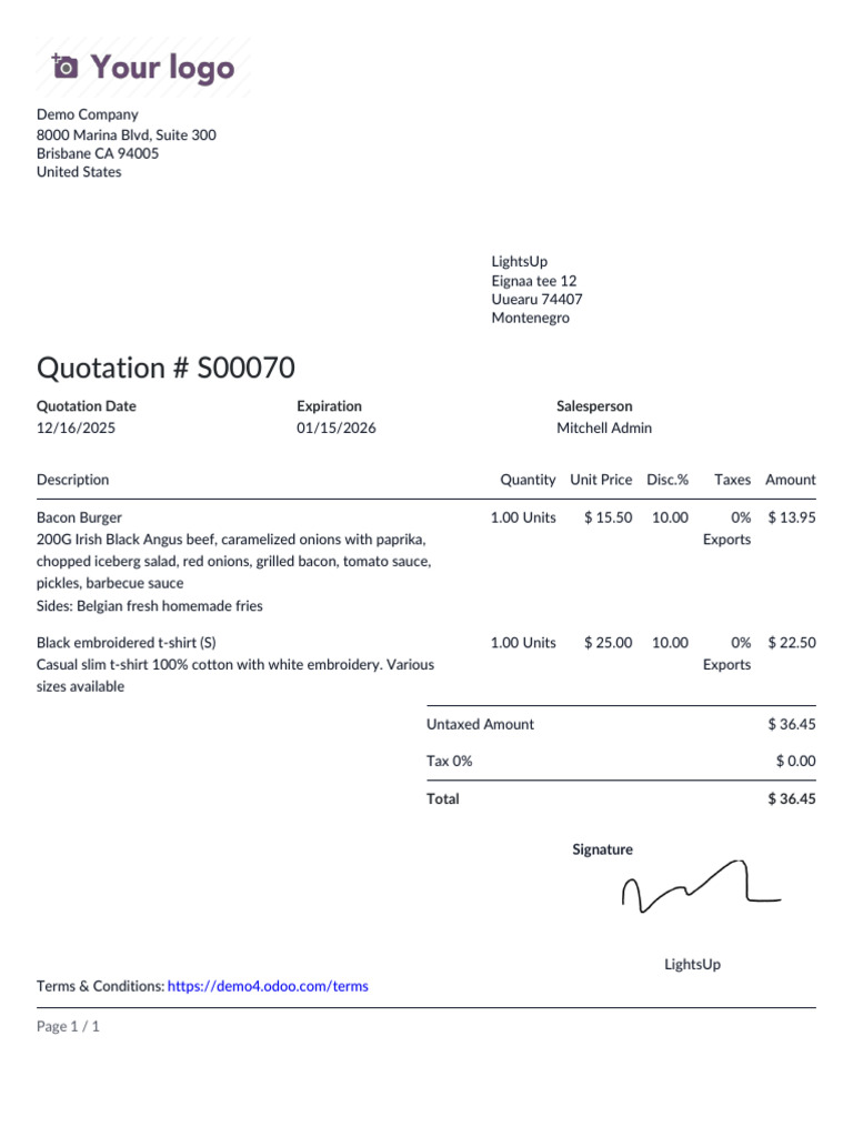 Quotation for LightsUp Catering Order | PDF