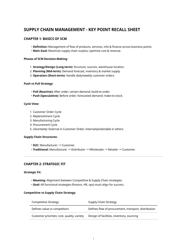 Scm Recall Sheet | PDF | Supply Chain | Supply Chain Management