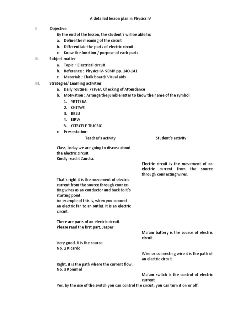 Detailed Lesson Plan: Electric Circuit | PDF | Lesson Plan | Switch
