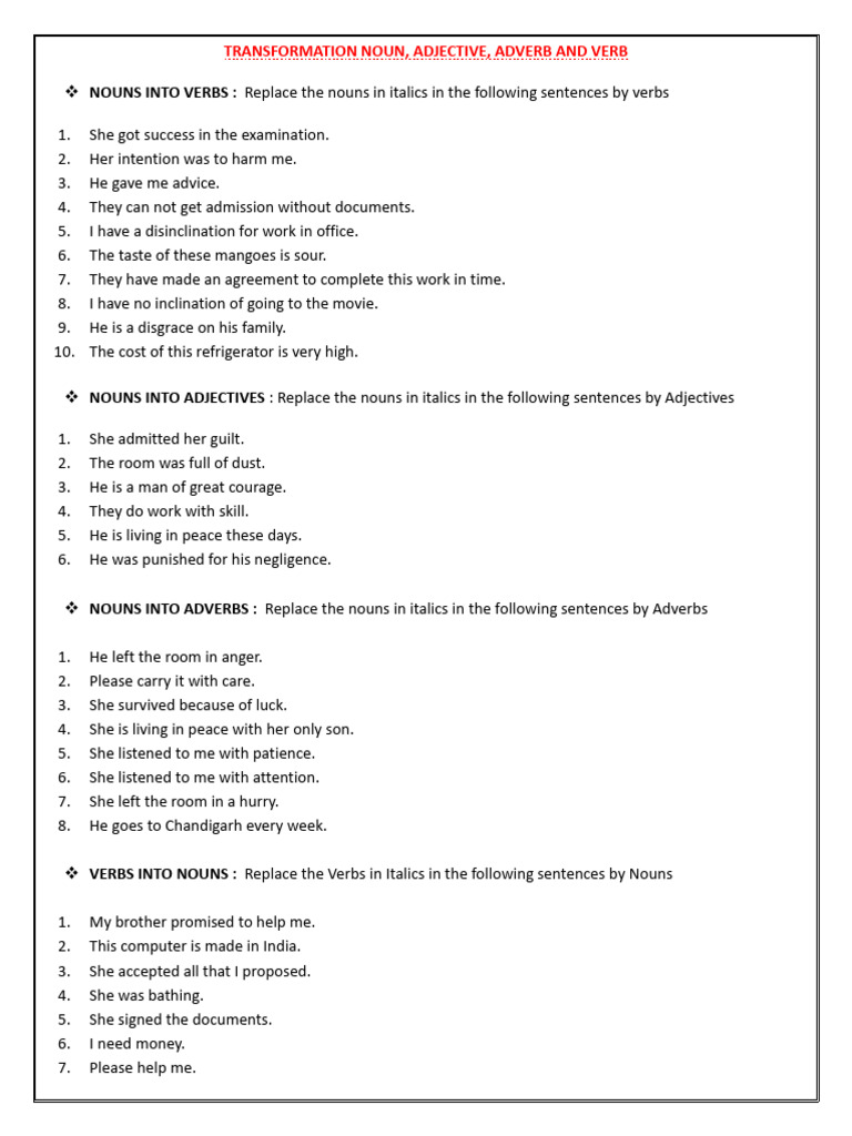 Transforming Parts of Speech Exercises | PDF | Adverb | Adjective