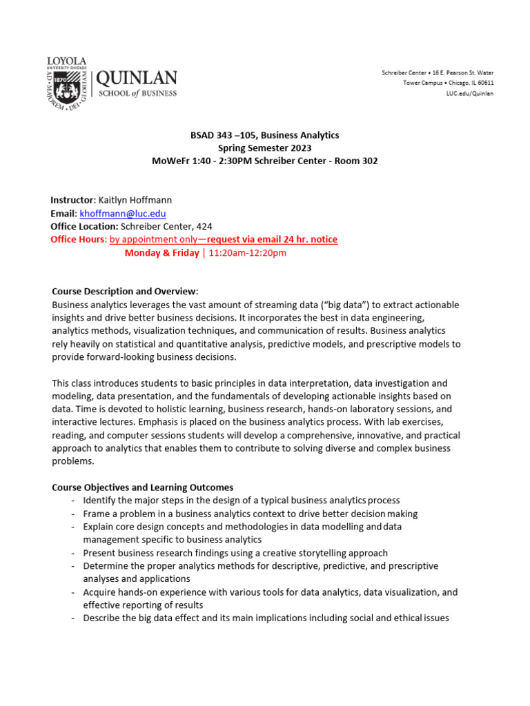BSAD343 105 Spring2023 Syllabus | PDF | Analytics | Data