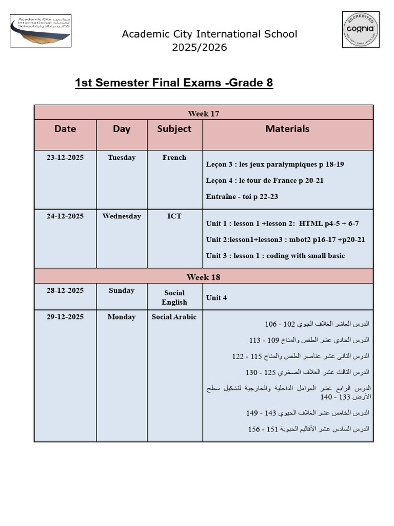 Grade 8-Final Exams Schedule | PDF