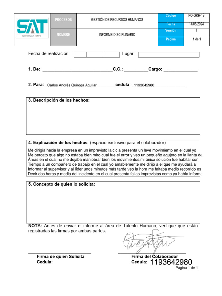 Formato 2de Informe Diciplinario - 2025 | PDF