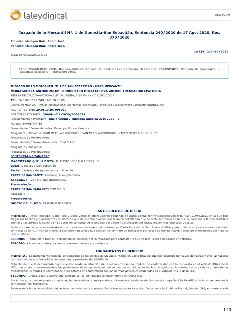 S JMER 17_8_2020...DESESTIMA FALTA LEG PASIVA AGENCIA | PDF | Sentencia ...