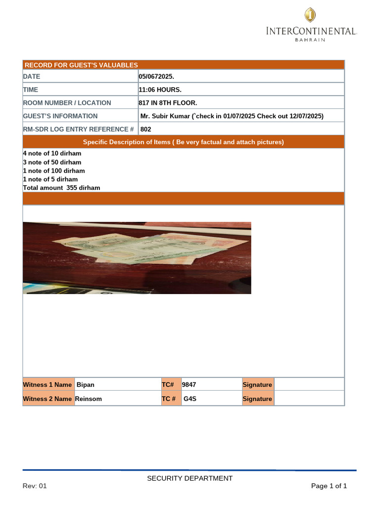 Guest Valuables Register | PDF