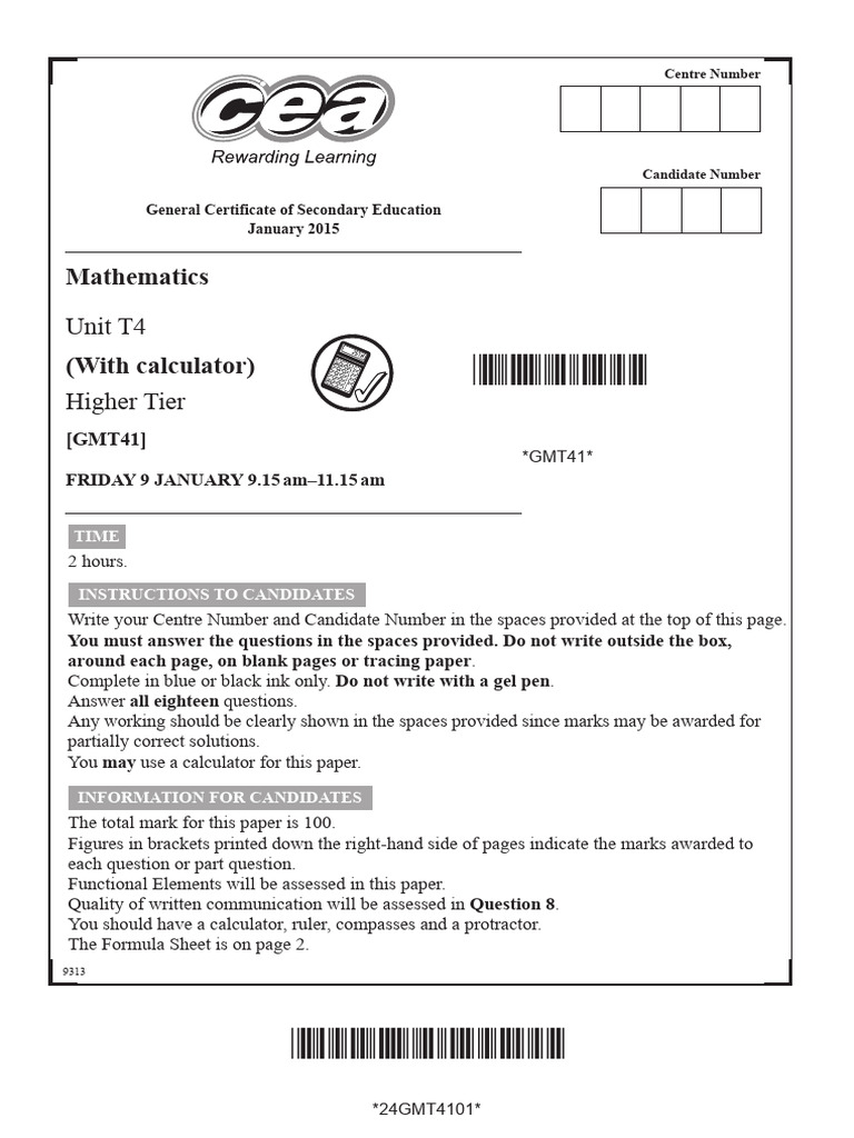 Gcse Math Past Papers Mark Schemes Standard January Series 2015 15221 | PDF