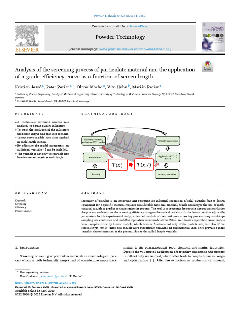 Screening Efficiency in Powder Technology | PDF | Particle Size ...