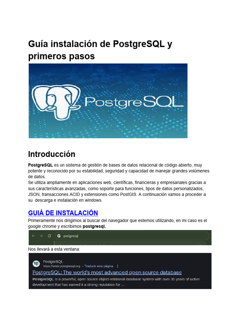 Guía Instalación de PostgreSQL y Primeros Pasos | PDF | Postgre Sql | Microsoft Windows