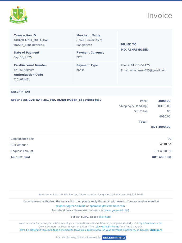 BKash Mobile Banking Payment Receipt | PDF | Payments | Services ...