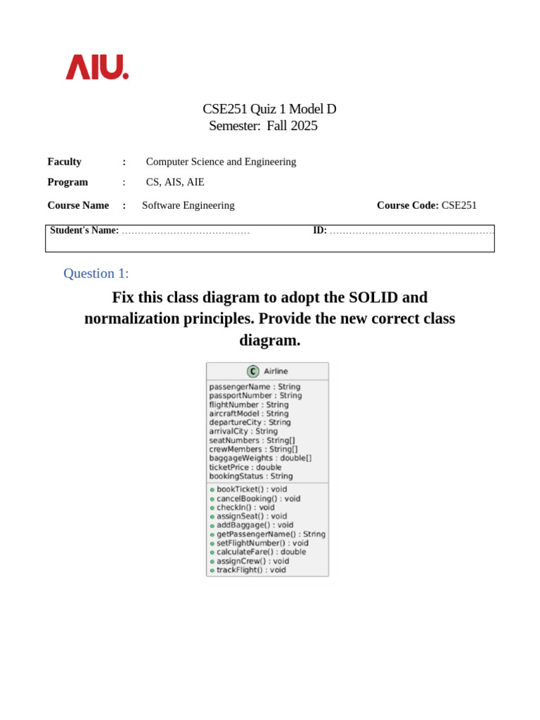 CSE251 Software Engineering Quiz 1 | PDF | Baggage | Aviation