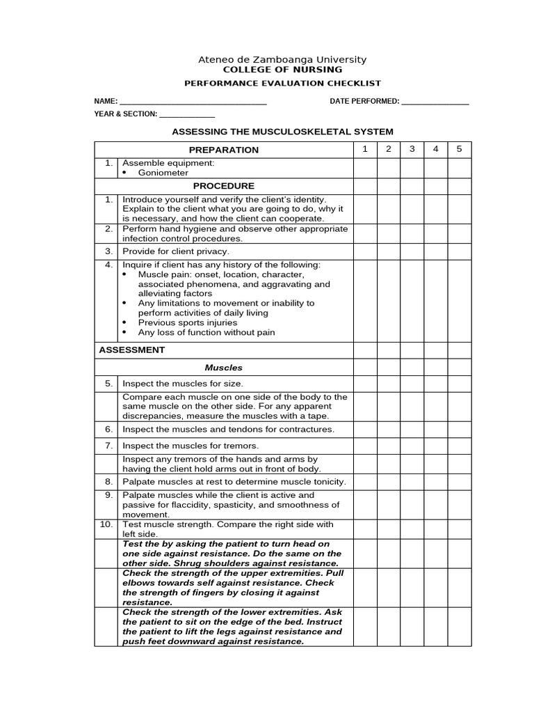 Musculoskeletal System Evaluation Checklist | PDF | Anatomical Terms Of ...