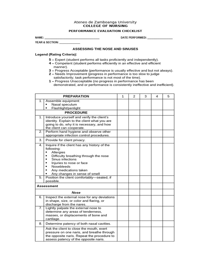 Nursing Performance Checklist: Nose Assessment | PDF | Human Nose ...