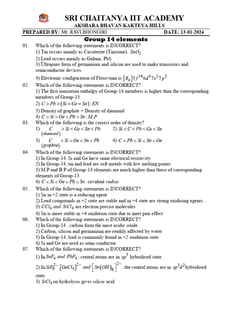 Group 14 Elements: Key Concepts and Assertions | PDF | Silicon | Carbon