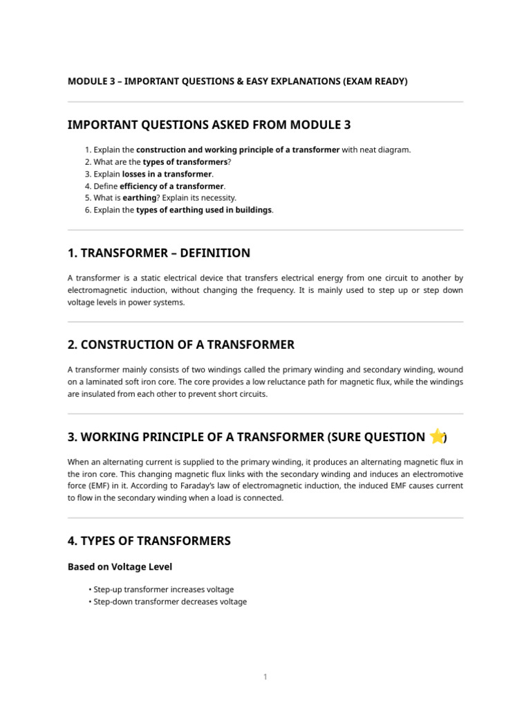 Module 3 – Exam-focused Study Material (1) | PDF | Transformer | Electromagnetic Induction