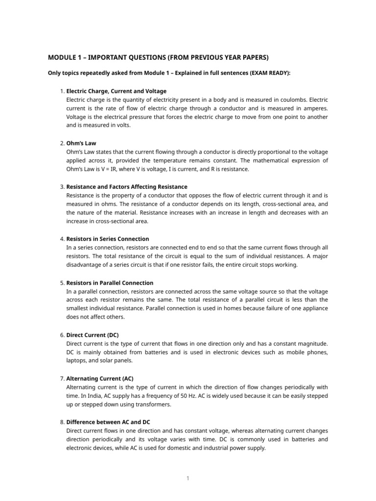 Module 1 – Exam‑Focused Study Material | PDF | Alternating Current ...