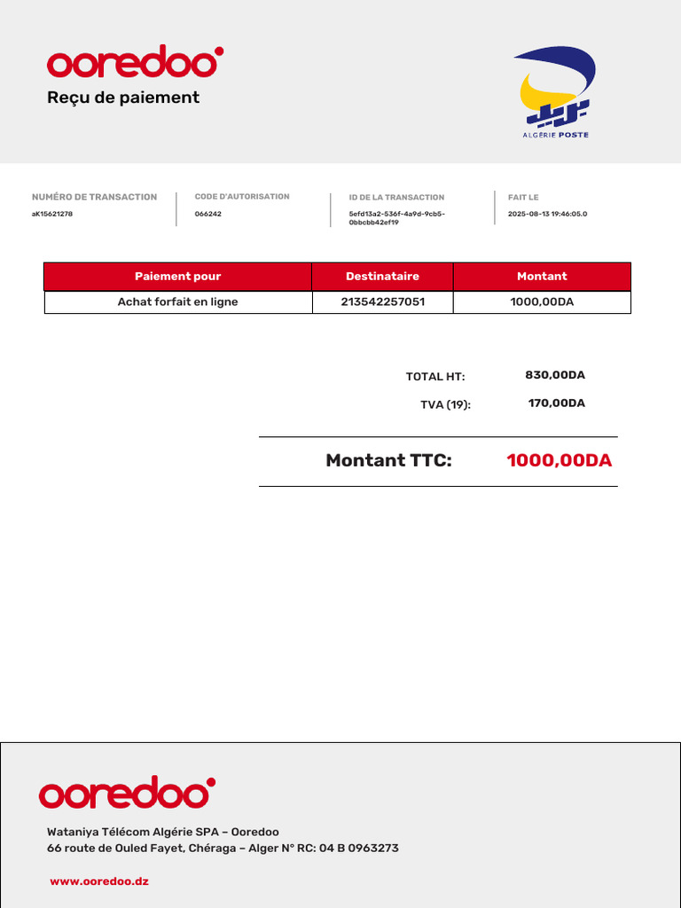 Reçu de paiement Ooredoo en ligne | PDF