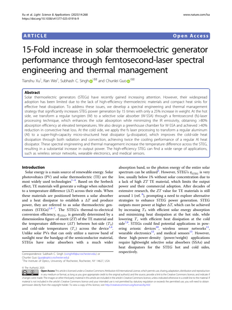 15-Fold Increase in Solar Thermoelectric Generator | PDF | Heat ...