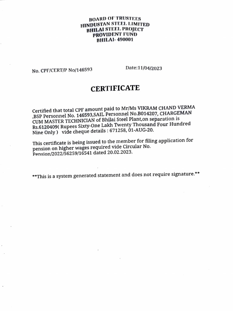 CPF Certificate for Vikram Chand Verma | PDF
