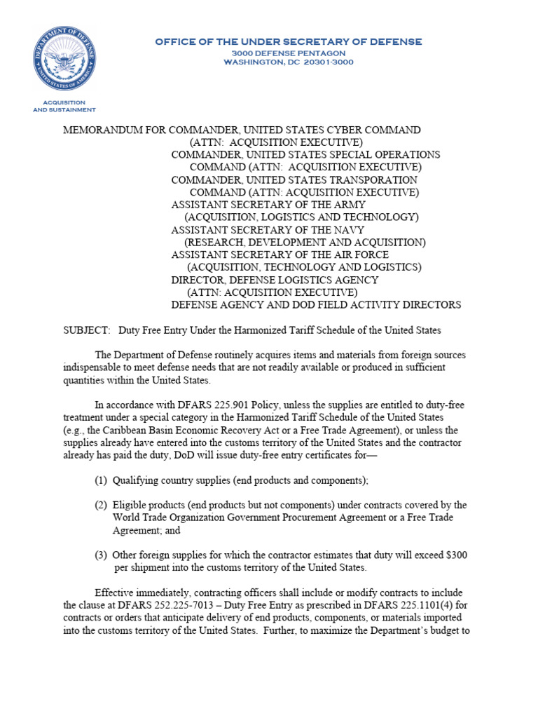 Duty-Free Entry Guidelines for DoD Contracts | PDF | United States ...