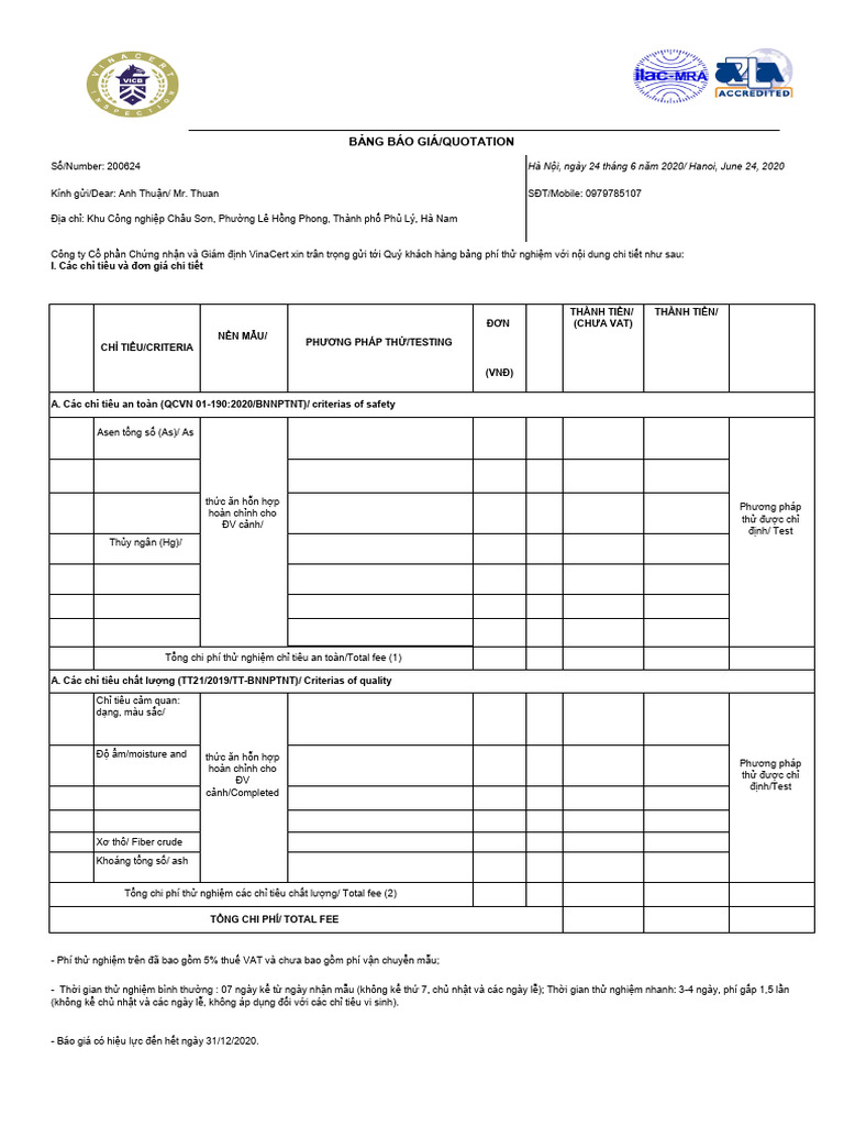 Vinacert Quotation - 13 Parameter | PDF