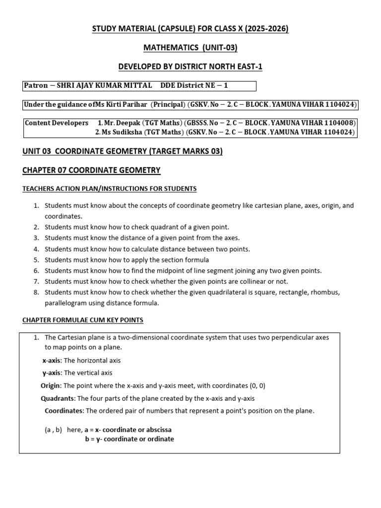 Class X Math Study Material: Coordinate Geometry | PDF | Cartesian ...
