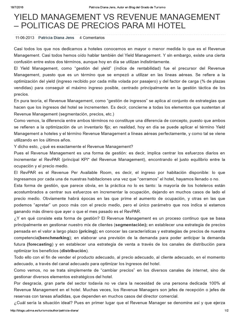 Yield vs Revenue Management Hotelero | PDF | Negocios económicos ...