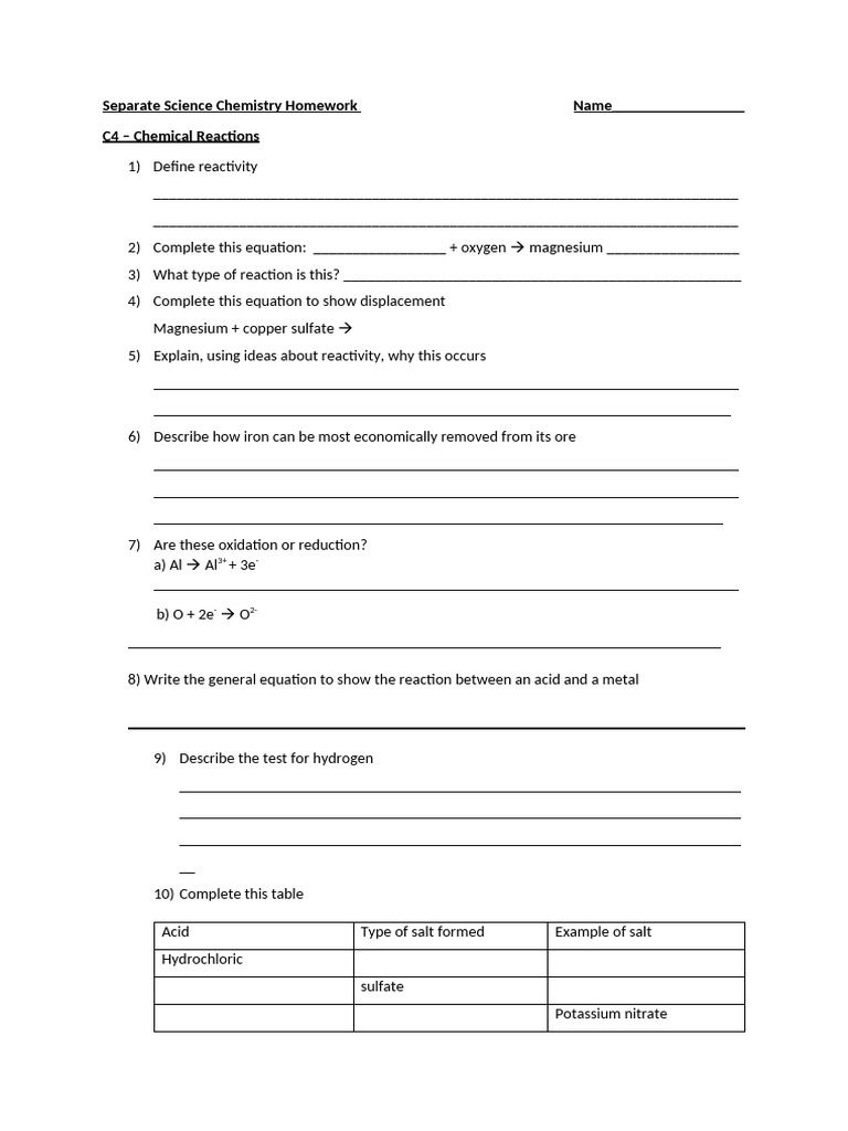 Separate Science Chemistry Homework | PDF | Chemical Reactions | Acid