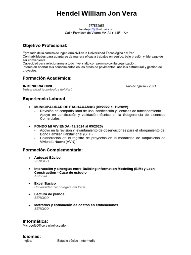 Cv Hendel William Jon Vera | PDF