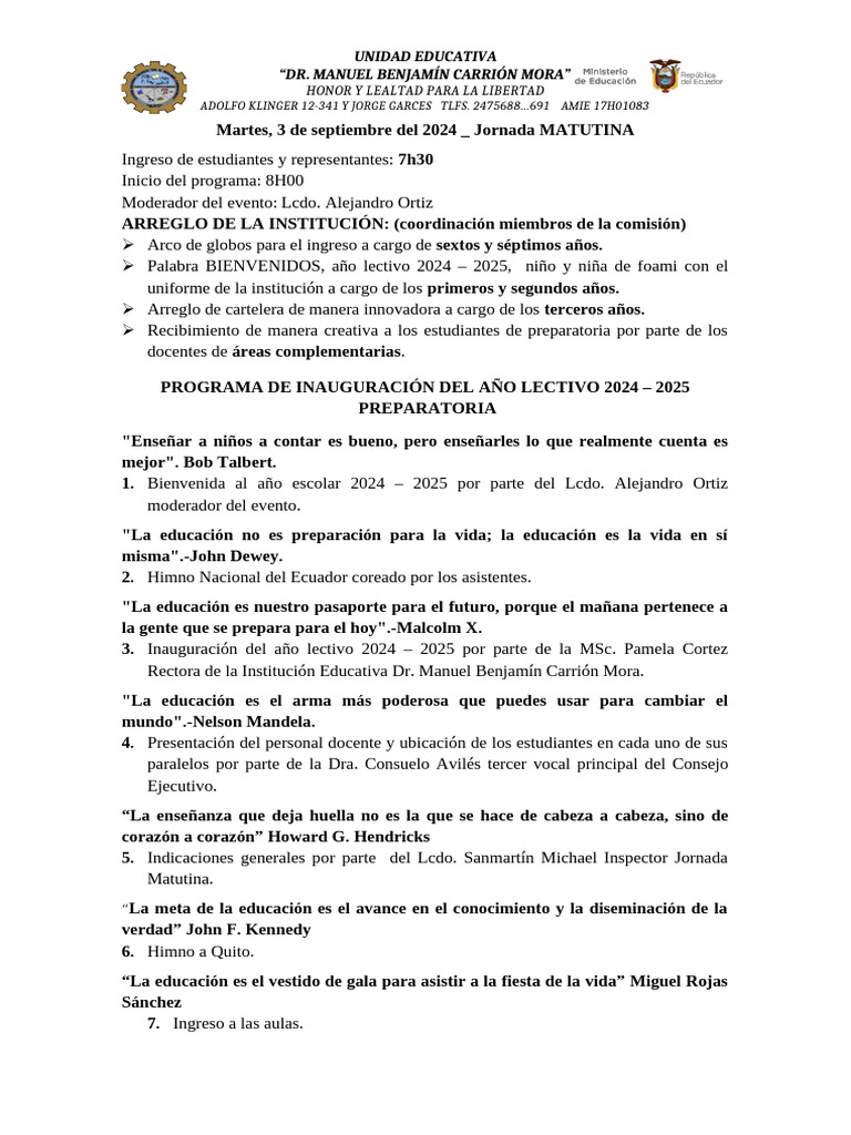 PROGRAMA INICIO AÑO LECTIVO 24-25 | PDF