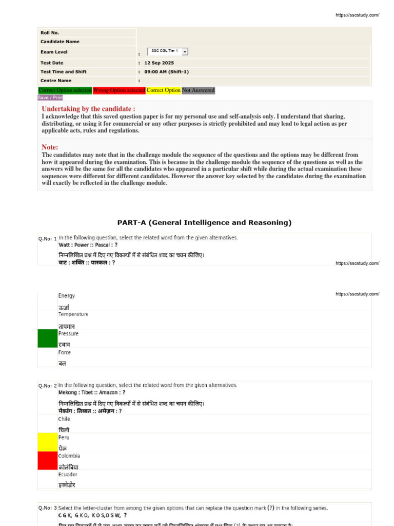 SSC CGL 12 Sep 2025 All Shift (SSC Shift) solved | PDF | Tests ...