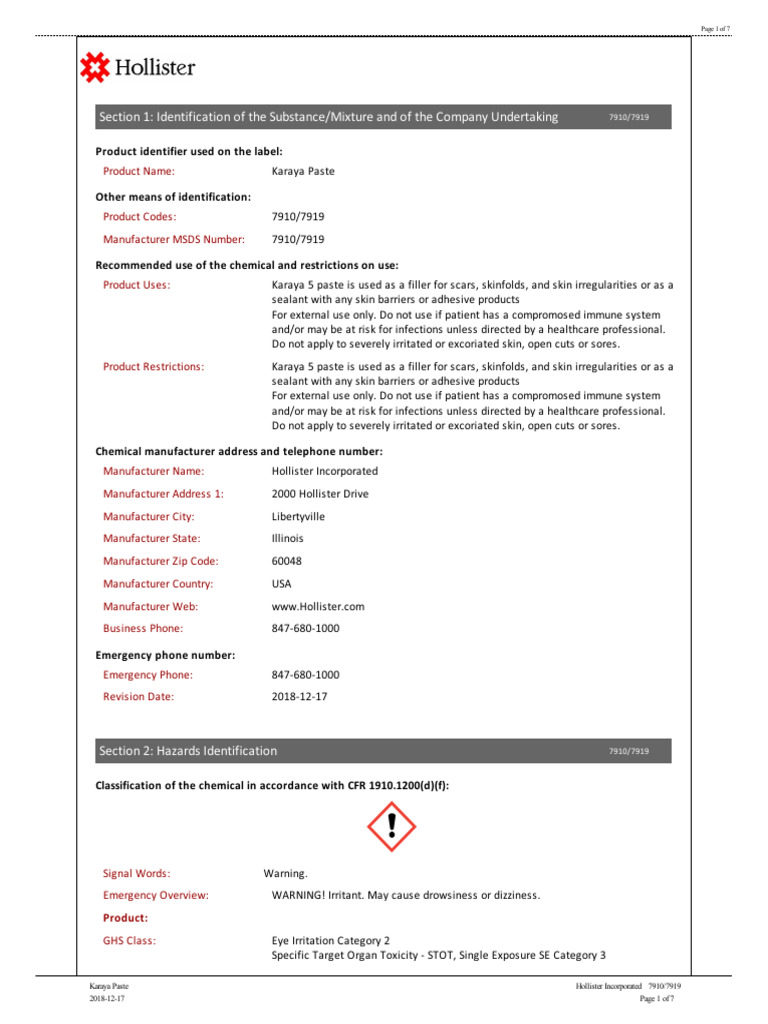 Karaya Paste MSDS 7910/7919 Overview | PDF | Toxicity | Occupational ...