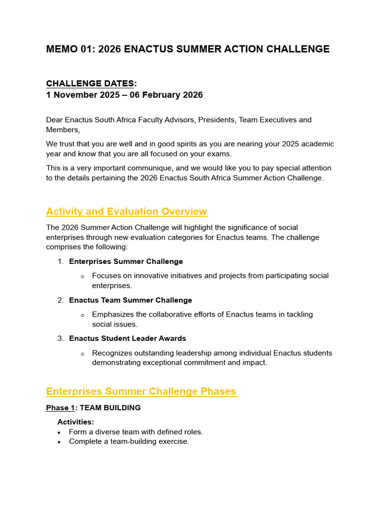 2026 Enactus Summer Action Challenge Guide | PDF | Mentorship | Marketing