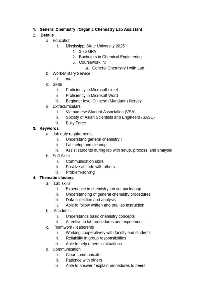General Chemistry I/Organic Chemistry Lab Assistant Details | PDF