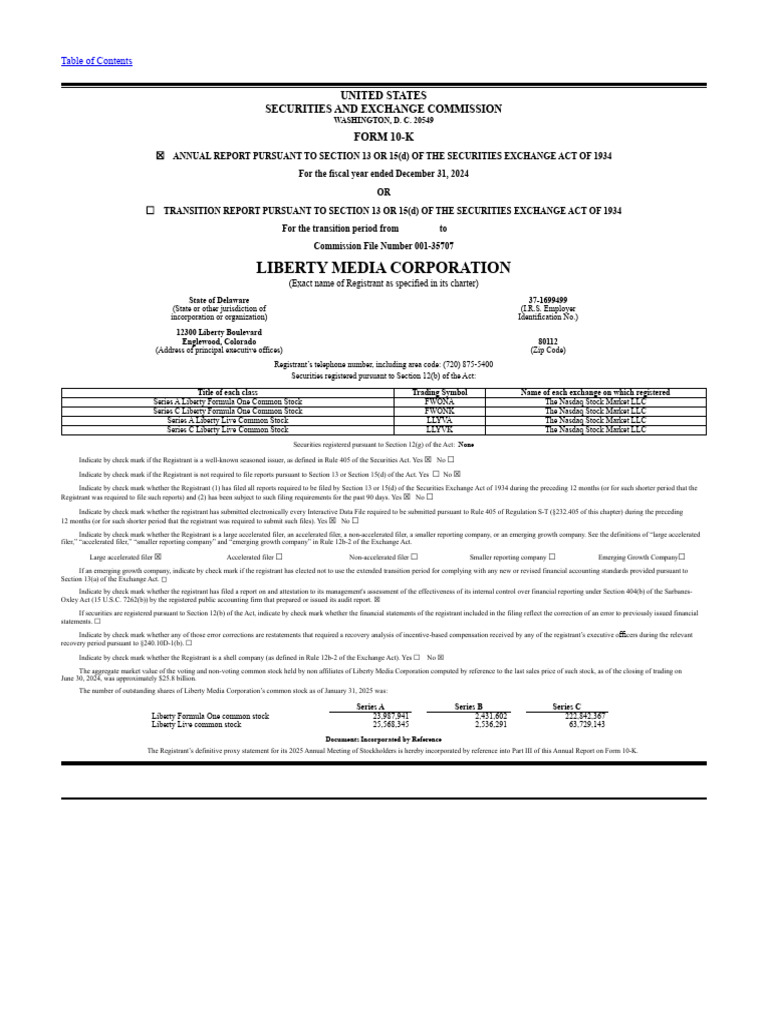 Liberty Media Corporation 10-K | PDF | Formula One | Formula Racing