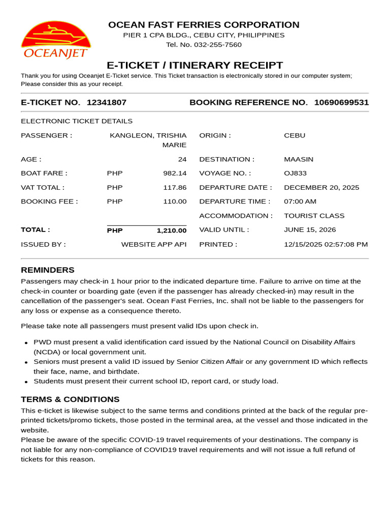 Oceanjet E-Ticket Receipt Details | PDF | Public Transport
