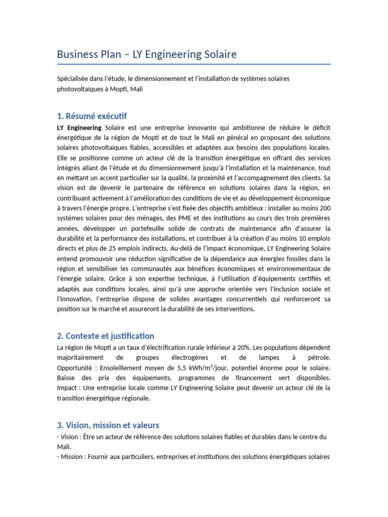 Plan d'affaires pour LY Engineering Solaire | PDF | Énergie solaire ...