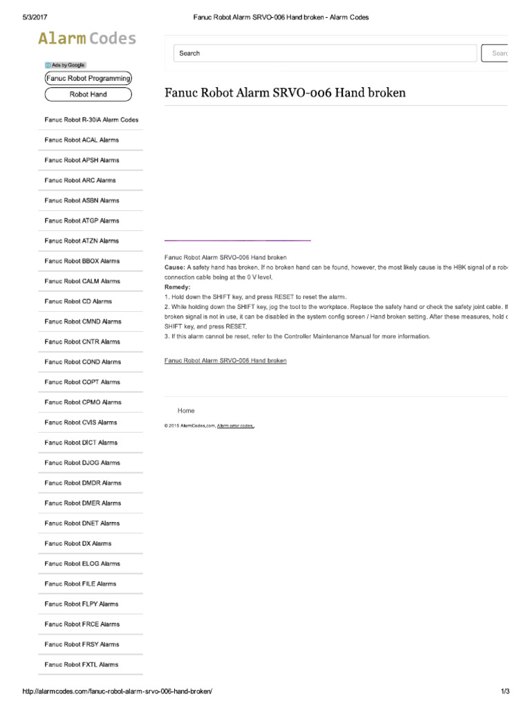 Fanuc Robot Alarm SRVO-006 Hand Broken - Alarm Codes | PDF