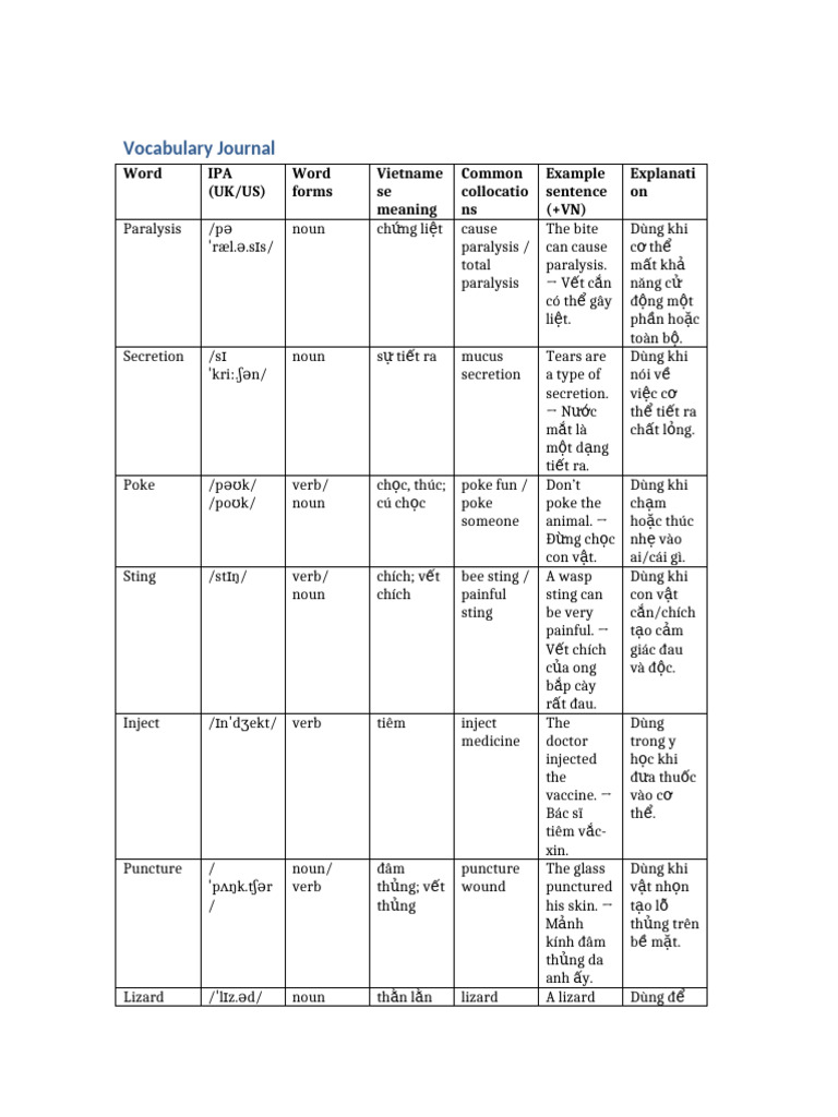 Vocabulary Journal Solid Table | PDF