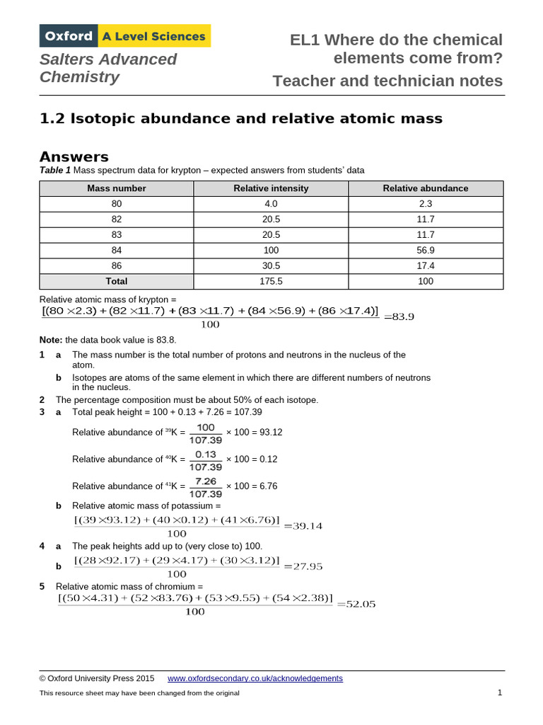EL 1.2 Isotopic Abundance and Relative Atomic Mass - Answers | PDF