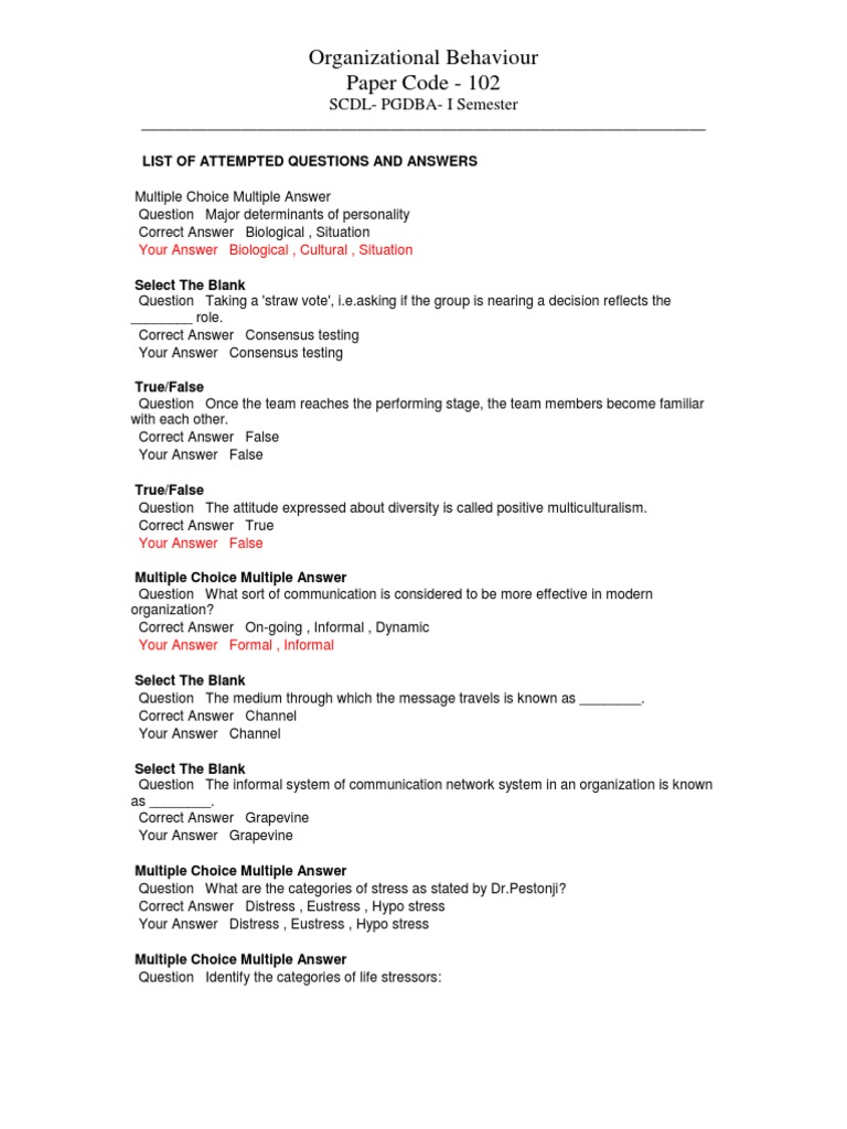 SCDL Organizational Behaviour Paper - 1 | PDF | Organizational Culture | Motivation