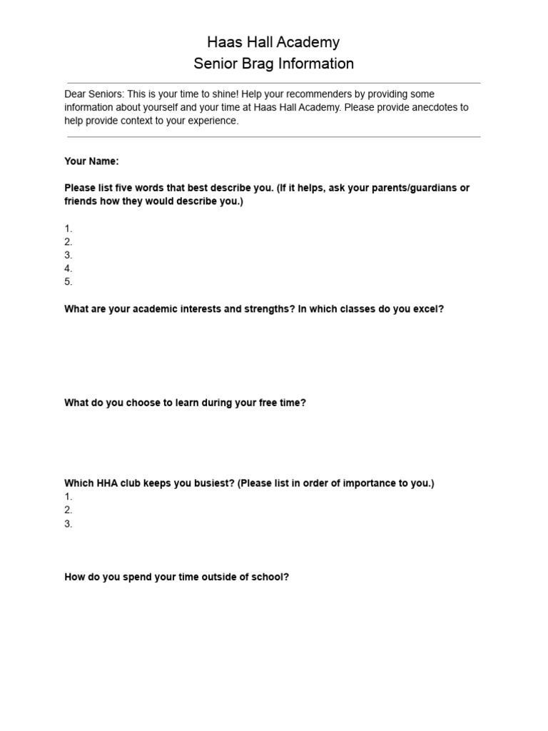 Senior Brag Sheet-1 | PDF