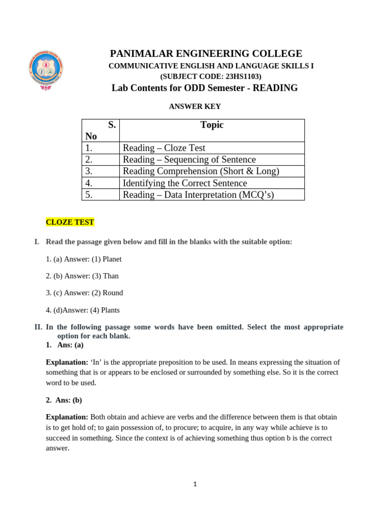 Lab Material For READING - Answer Key | PDF | Verb | Grammatical Tense