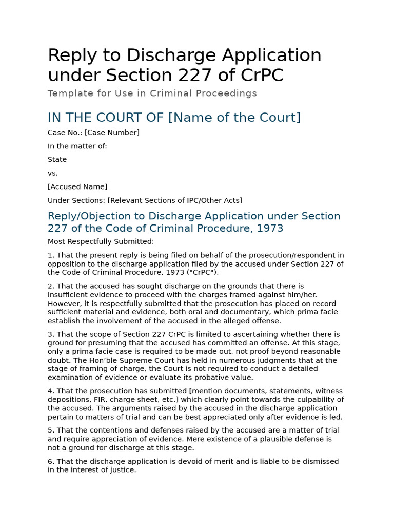Reply to Discharge Application CrPC 227 | PDF