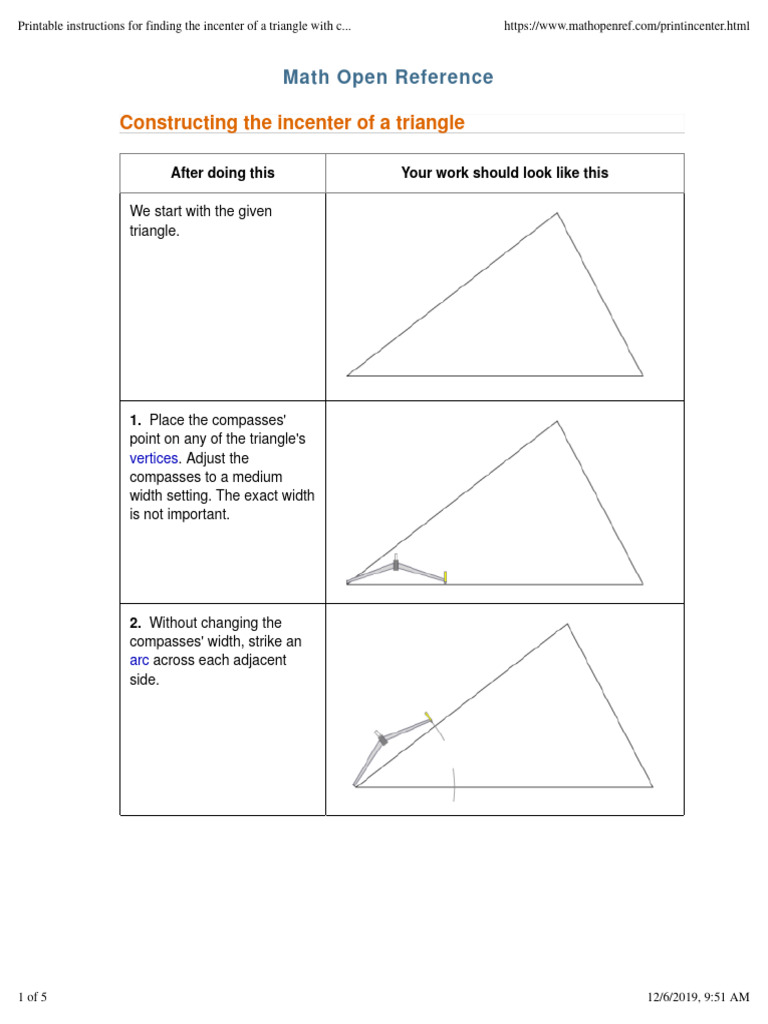 Printable Instructions for Finding the Incenter of a Triangle With ...