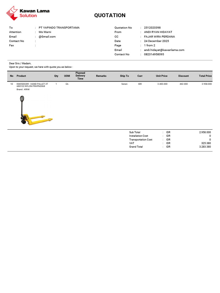 Quotation for Hand Pallet Supply | PDF | Financial Economics | Money