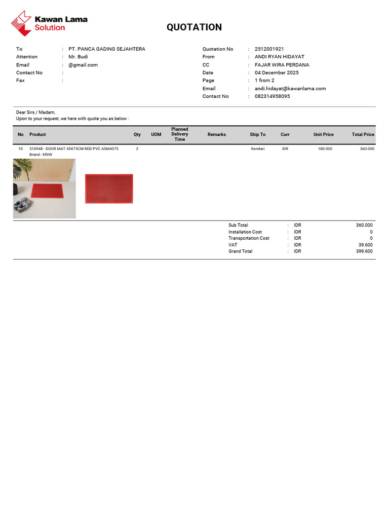 Quotation for Door Mat Purchase | PDF | Business Economics | Money